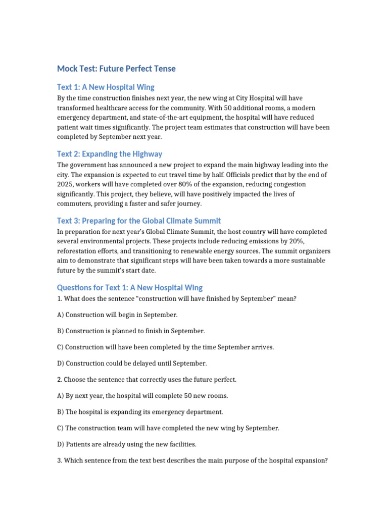 Future Perfect Mock Test | PDF | Sustainability | Hospital