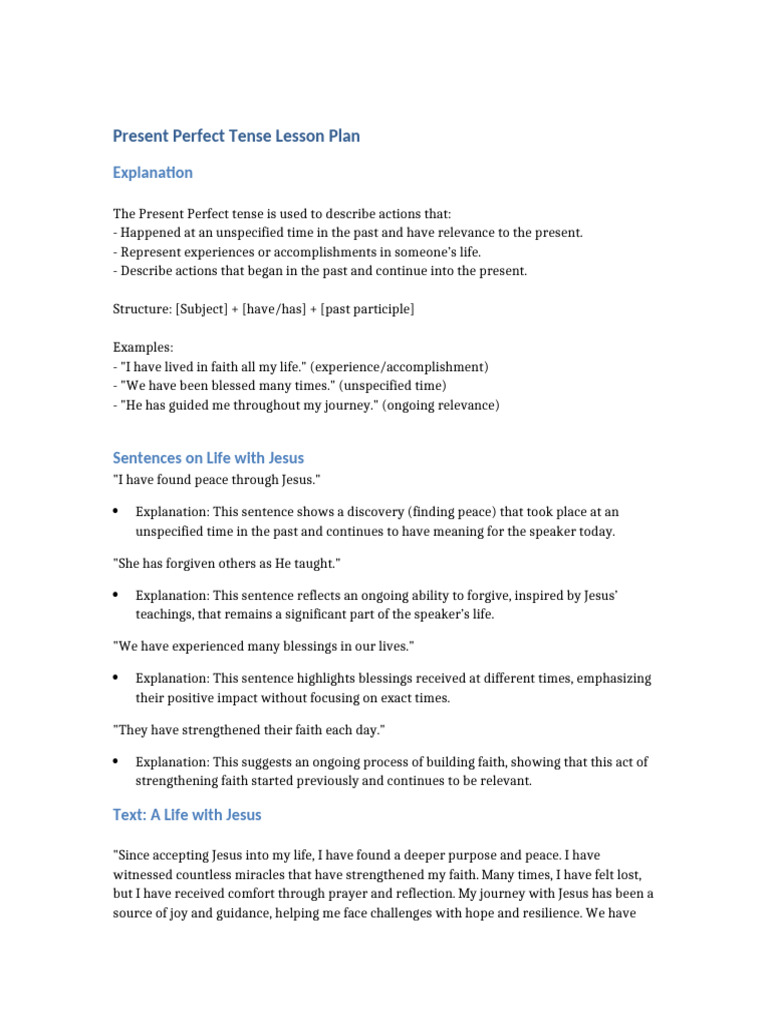 Present Perfect Life With Jesus Lesson Plan | PDF | Religious Texts