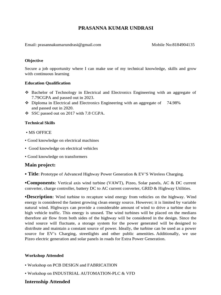 Prasanna Kumar Undrasi: Objective | PDF | Electricity Generation | Direct Current