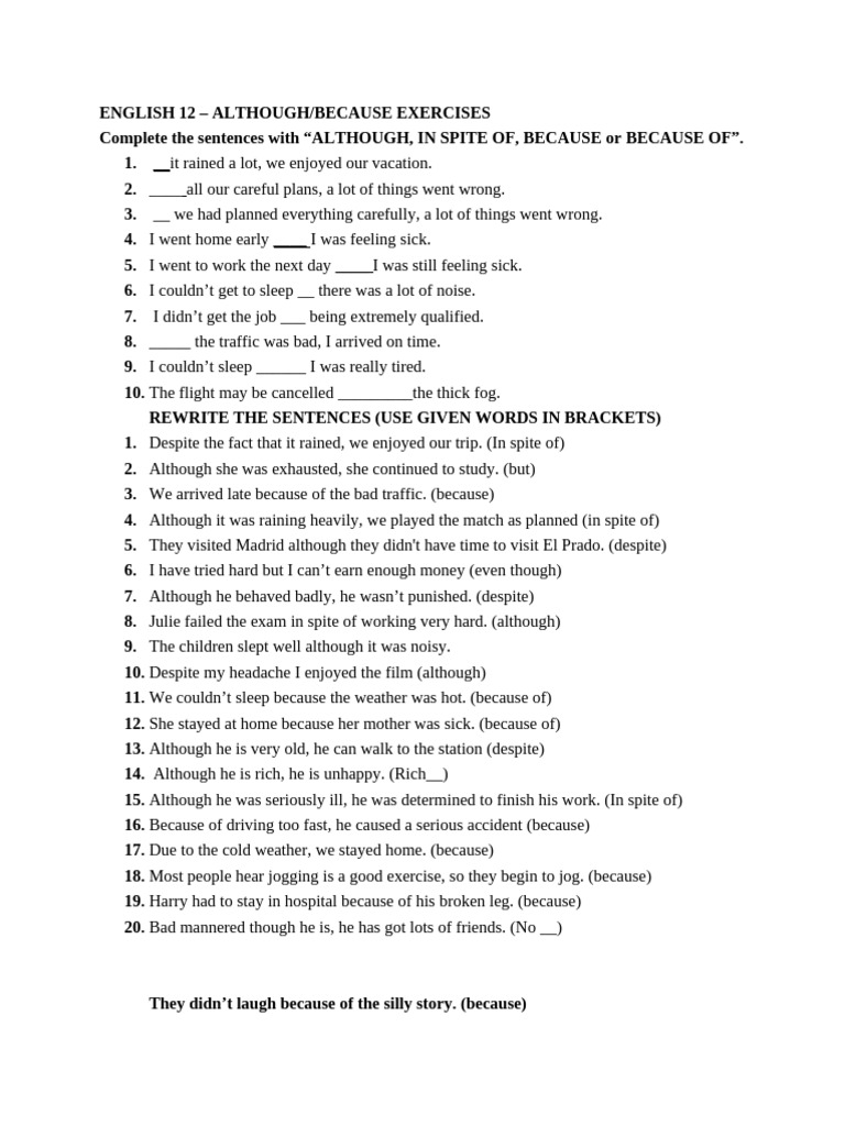 Although/Because Exercises for English 12 | PDF