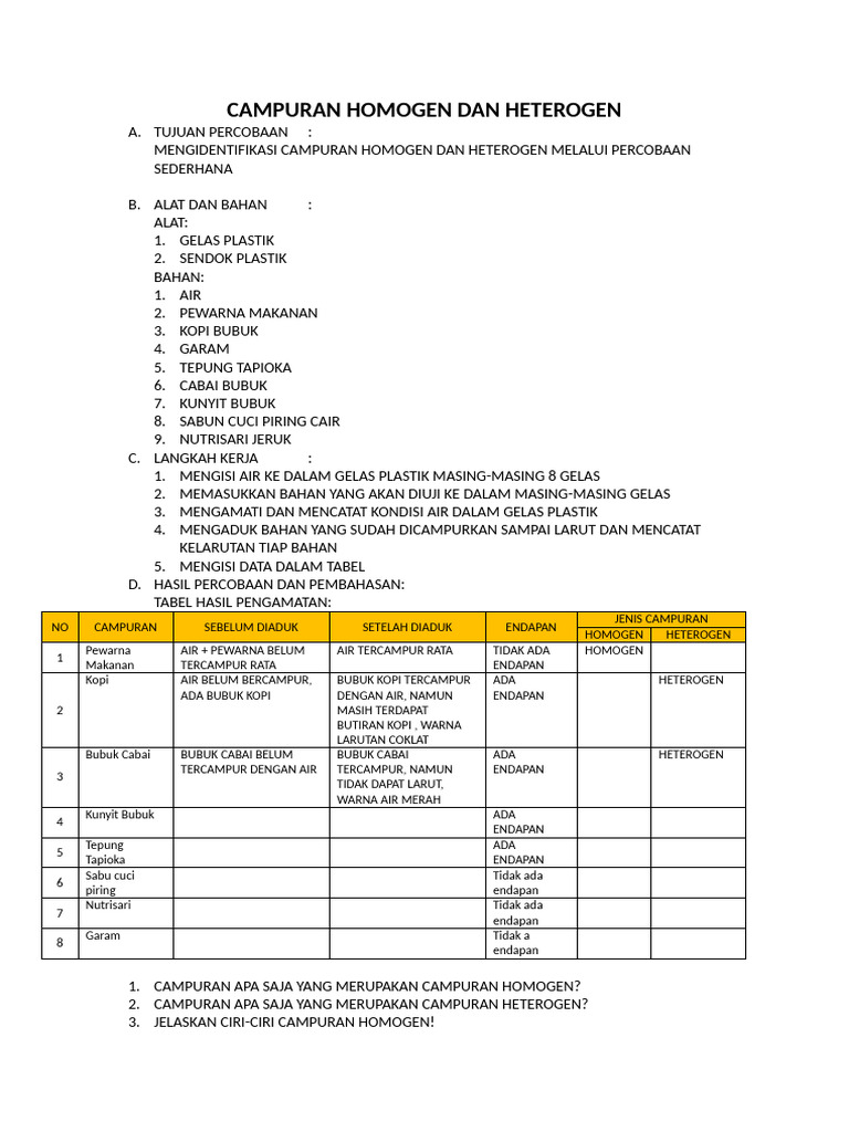 LKPD Praktikum Campuran Homogen Dan Heterogen | PDF