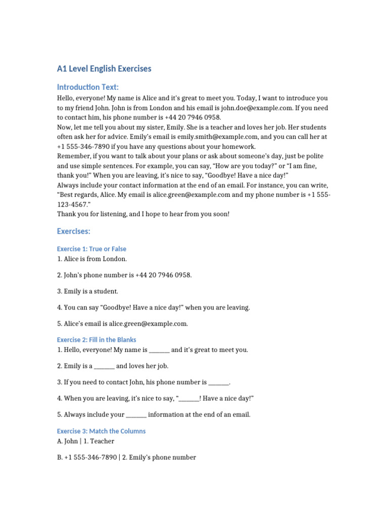 A1 Level English Exercises | PDF | Self-Improvement