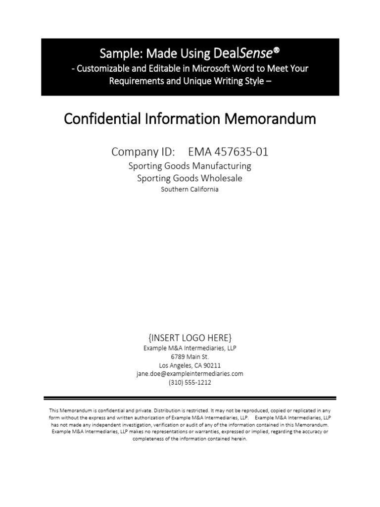 Sell Side Pitchbook CIM Sample | PDF | Working Capital | Equity (Finance)