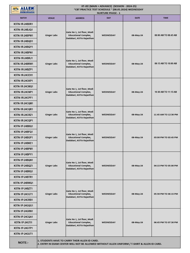 Batch Venue Address DAY Date Time: 08:00 AM TO 08:45 AM | PDF ...