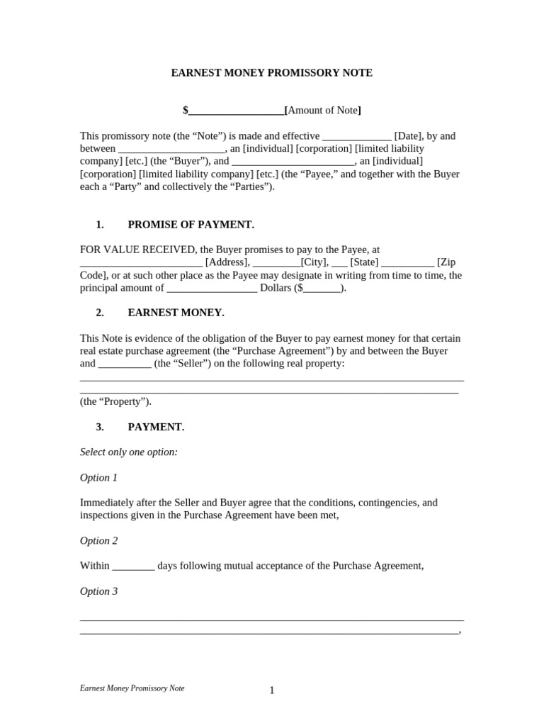 Earnest Money Promissory Note | PDF | Promissory Note | Payments