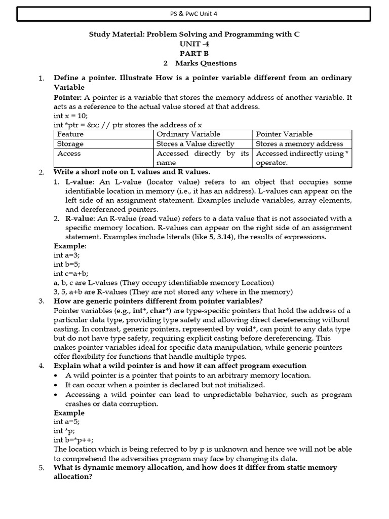 Unit 4 Part B Study Material | PDF | Pointer (Computer Programming) | Integer (Computer Science)