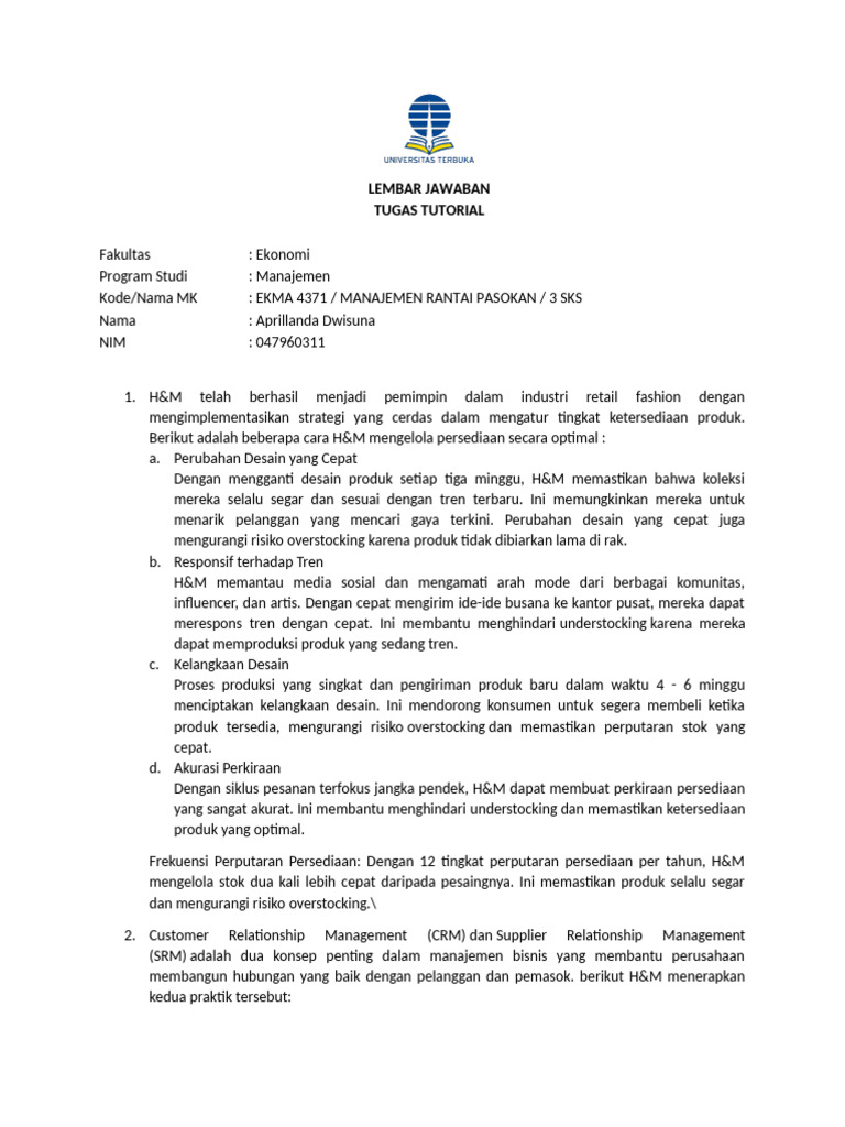 Tugas 3 Manajemen Rantai Pasokan - Aprillanda Dwisuna | PDF | Pengelolaan Keuangan & Uang | Seni