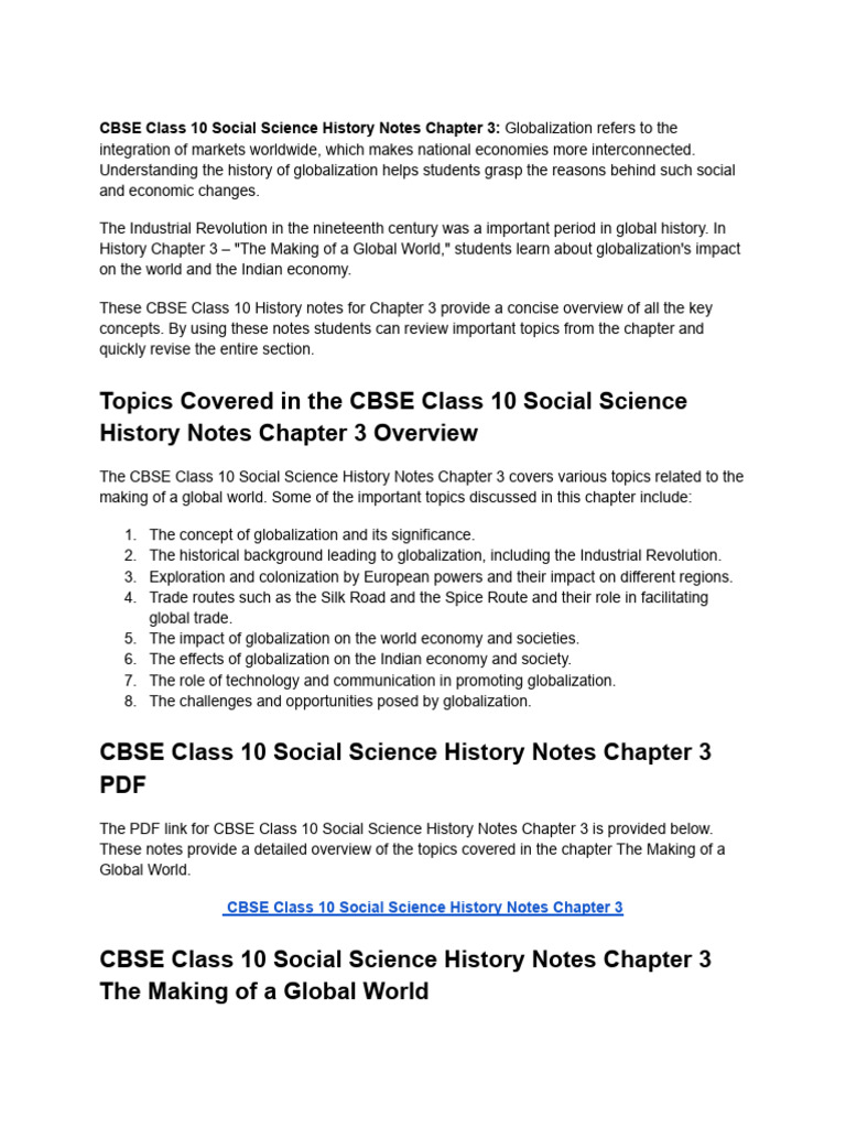 Topics Covered in The CBSE Class 10 Social Science History Notes ...