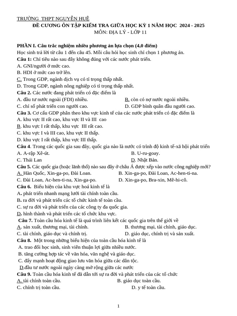 ÔN TÂP ĐỊA 11 GHKI HS | PDF