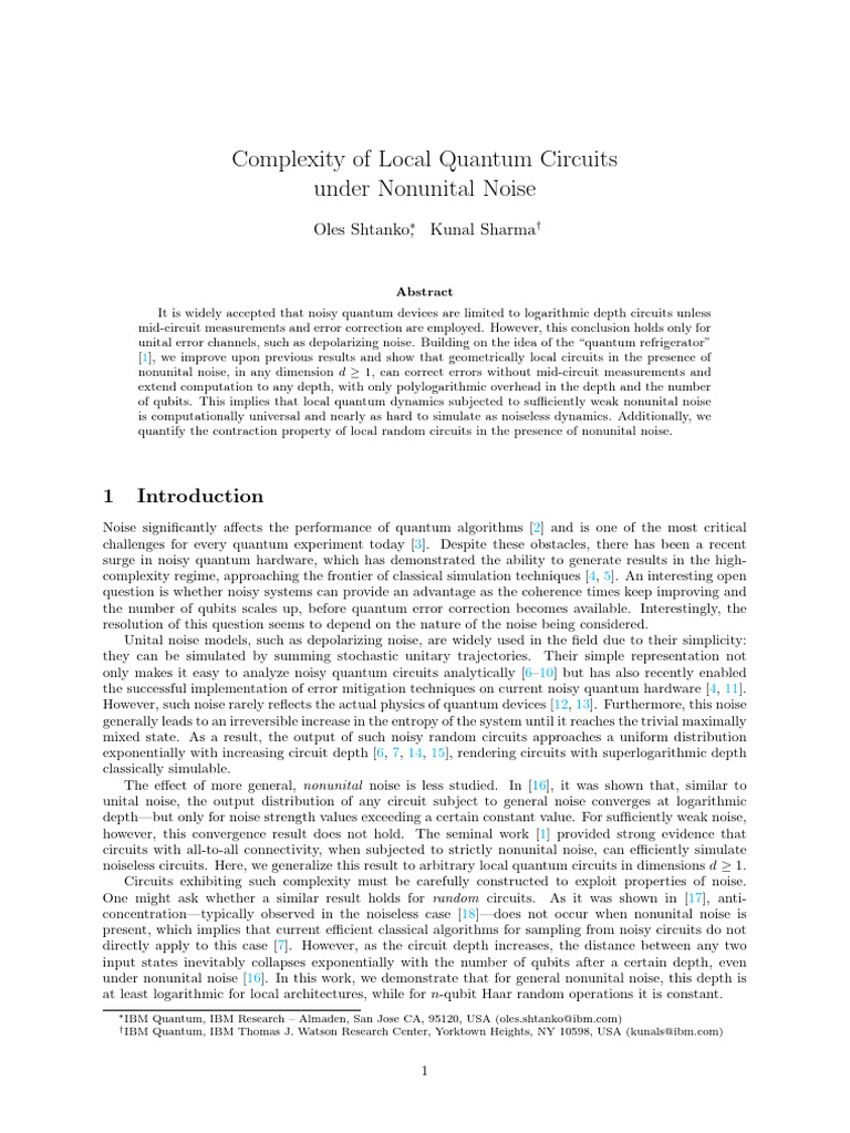 Complexity of Local Quantum Circuits Under Nonunital Noise: Oles Shtanko, Kunal Sharma | PDF ...