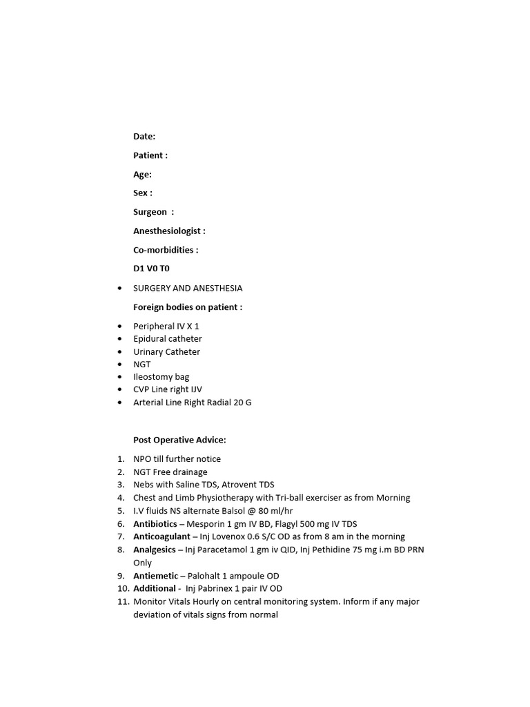 Total Colectomy Post Anesthesia Order Sheet | PDF | Anesthesia ...