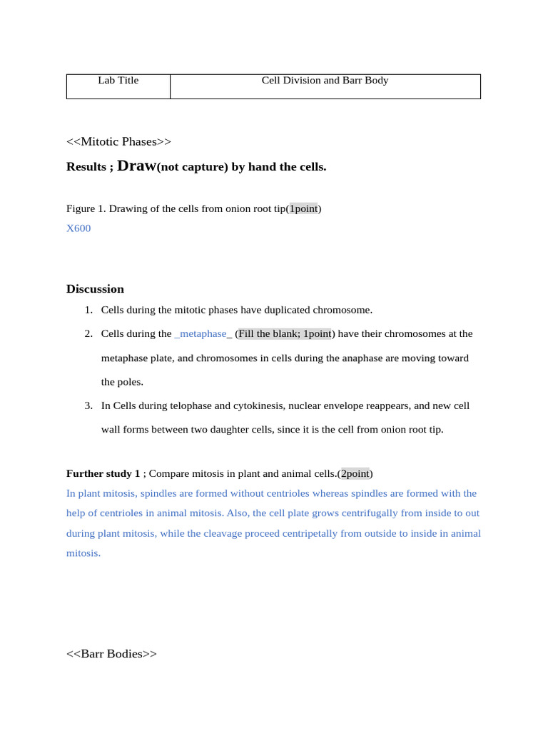 Week - 12 - Cell Division and Barr Body Report | PDF | Mitosis | Genetics