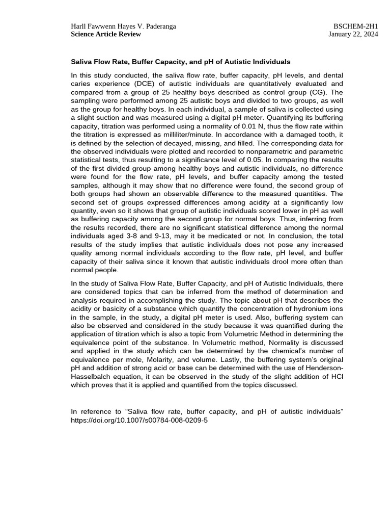 Saliva Flow Rate, Buffer Capacity, and PH of Autistic Individuals | PDF ...