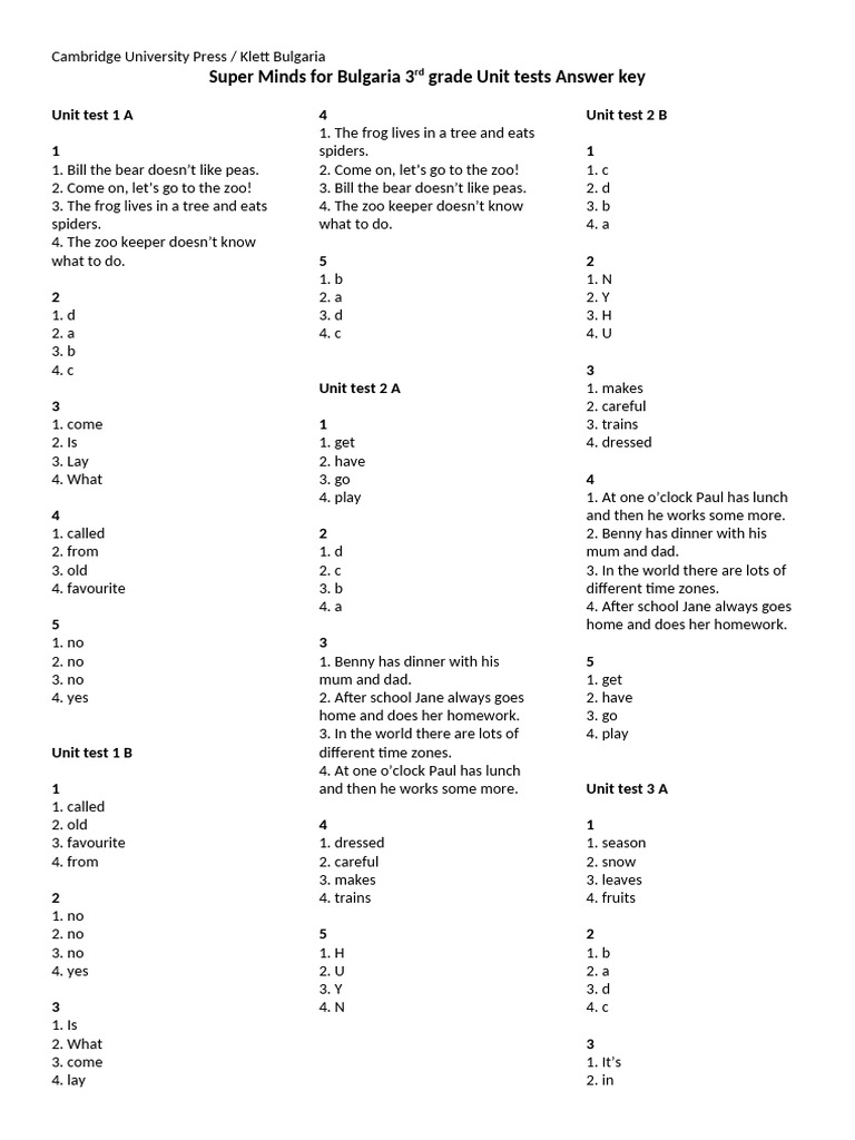 Super Minds 3rd Grade Unit Tests Key | PDF