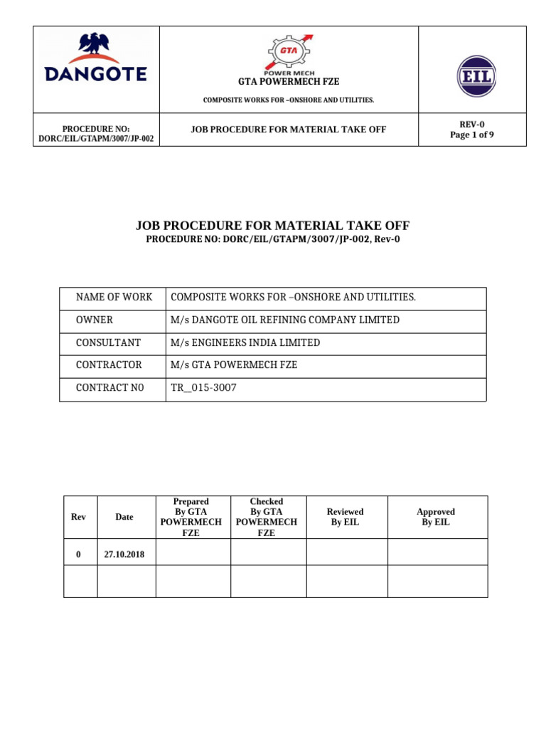 JP-002 Job Procedure For Material Take Off | PDF | Warehouse | Valve