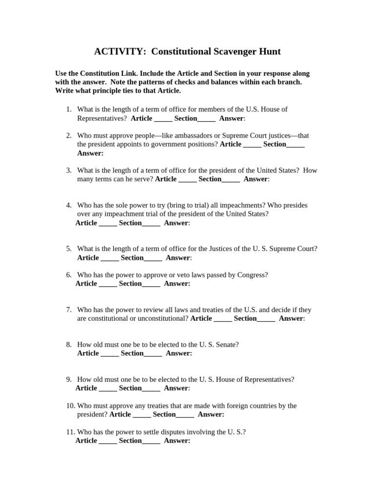 Constitutional Scavenger Hunt | PDF | American Government | Presidents ...