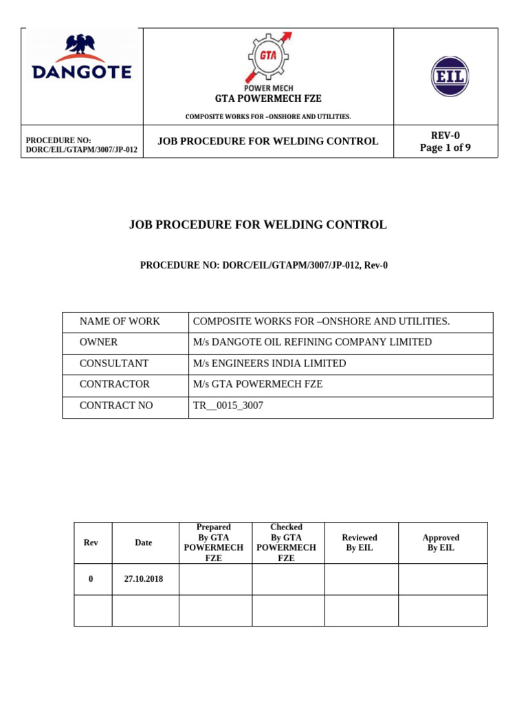 Jp-012 Job Procedure For Welding Control. | PDF | Welding | Construction