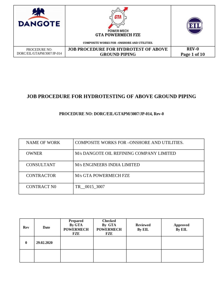 Jp-014 Job Procedure For Hydrotest of Ag Piping | PDF | Calibration ...