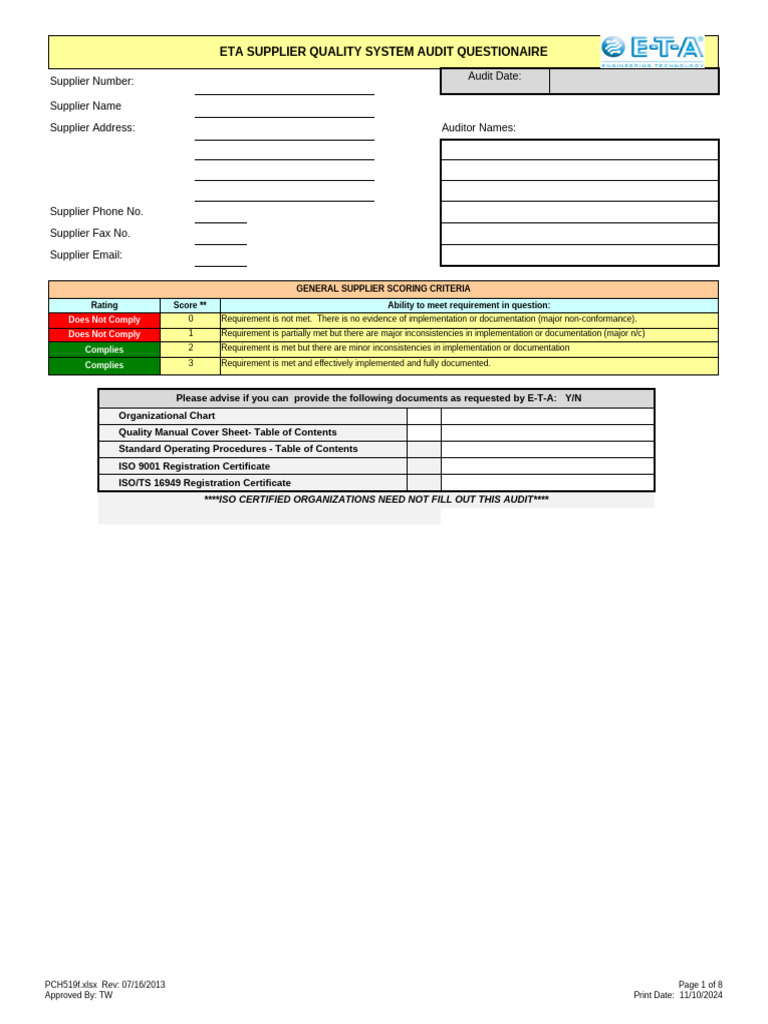 Supplier Quality System Audit Questionaire | PDF | Calibration | Audit
