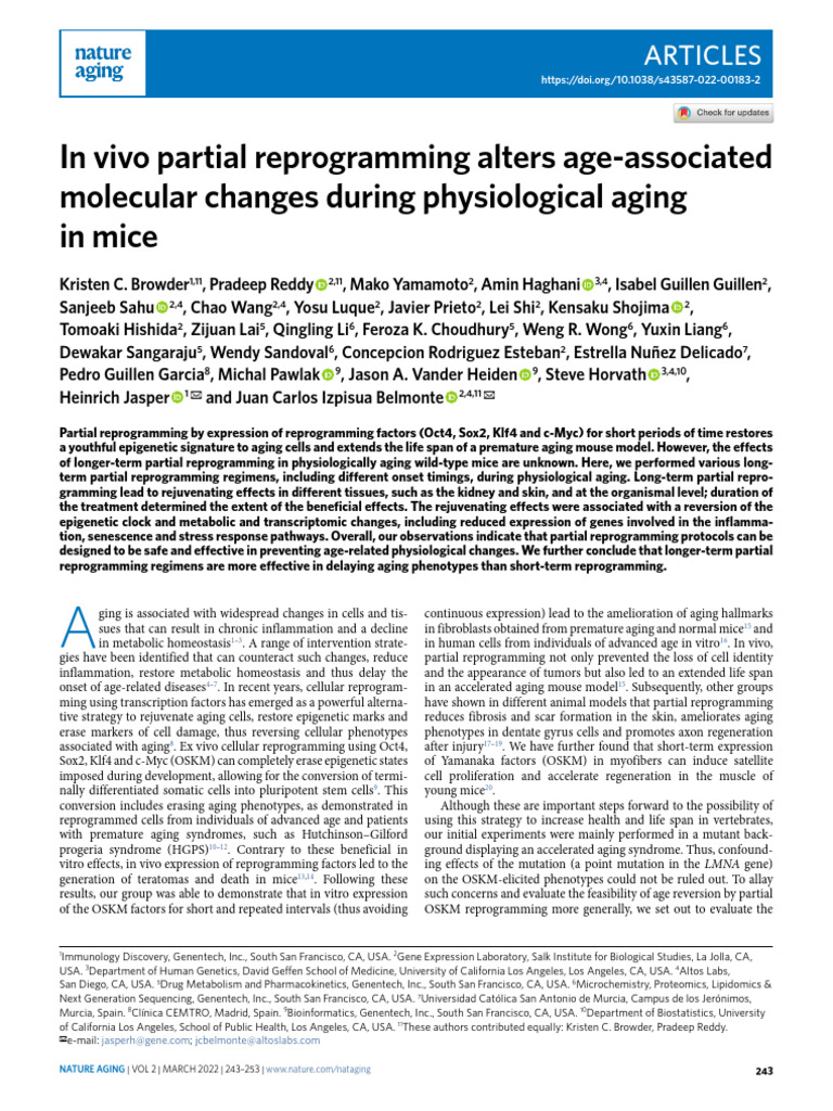 In Vivo Partial Reprogramming Alters Age-Associated Molecular Changes ...