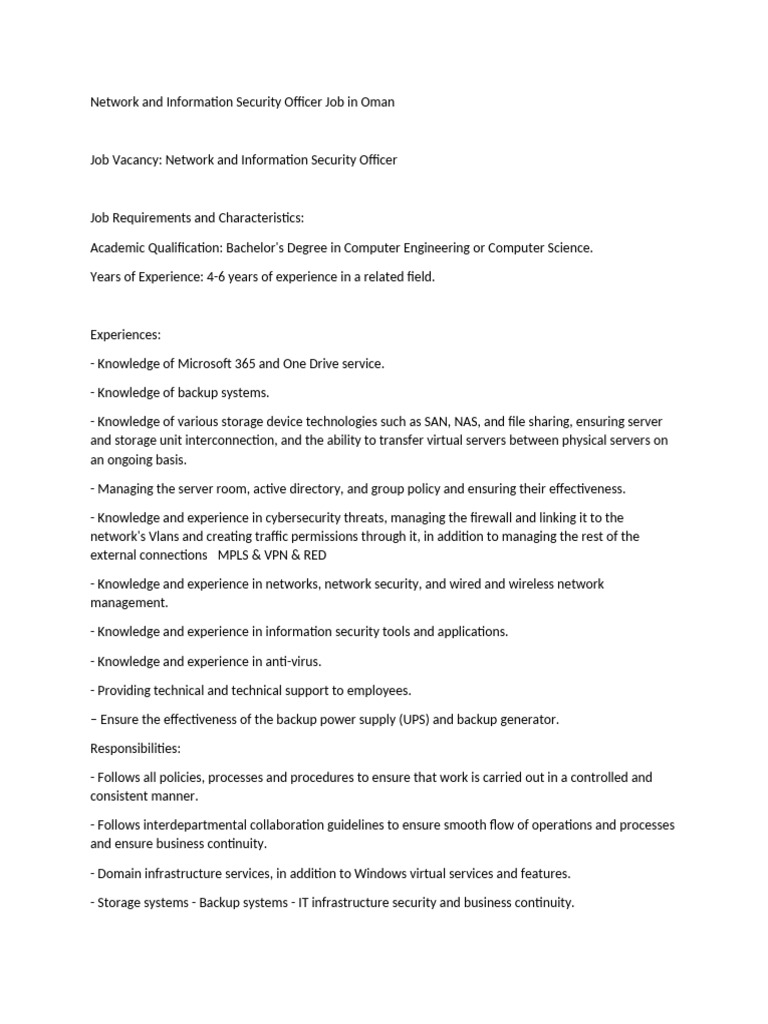 Network and Information Security Officer Job in Oman | PDF
