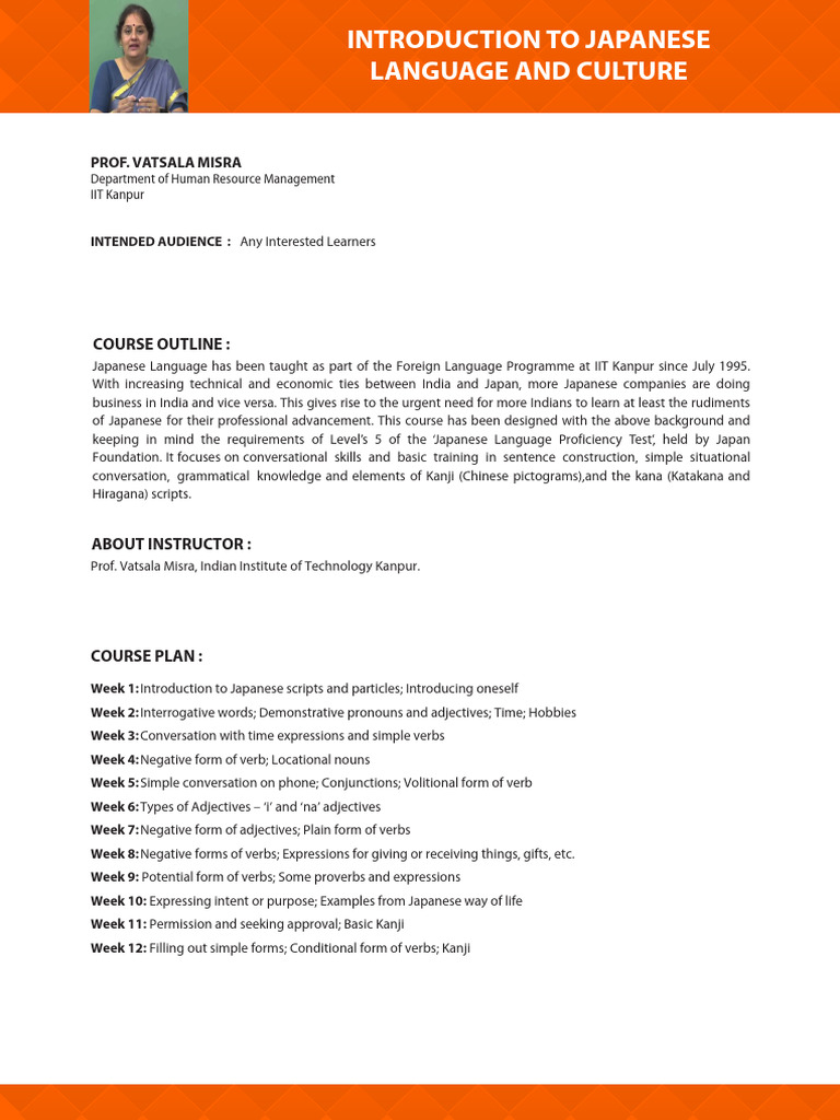 Introduction To Japanese Language and Culture: Course Outline | PDF