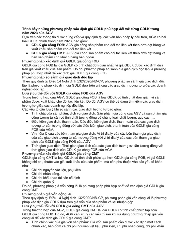 _Trình bày những phương pháp xác định giá GDLK phù hợp đối với từng GDLK trong năm 2023 của AGV ...
