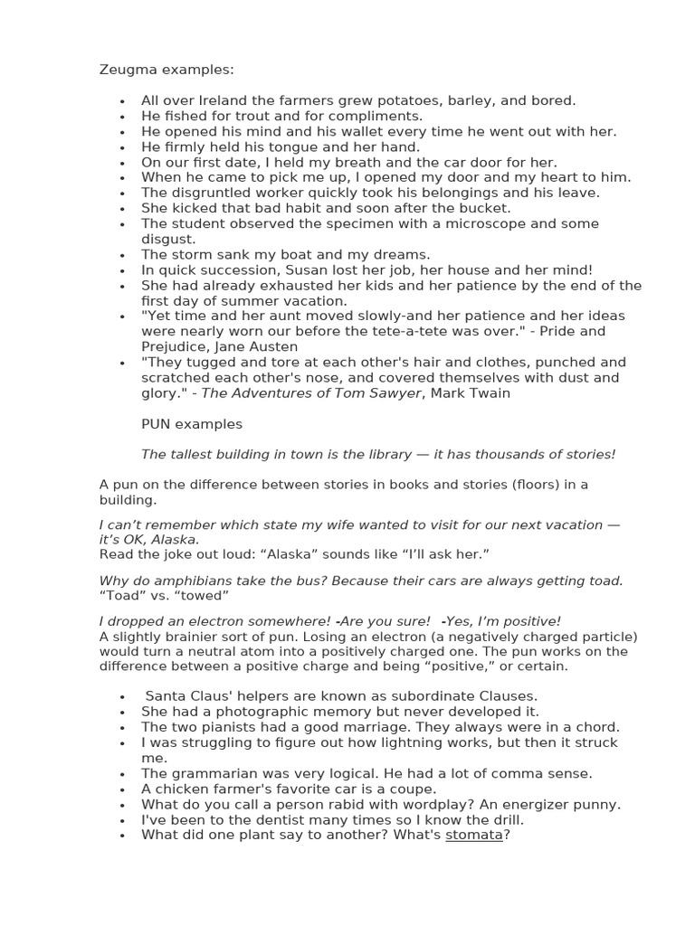 Examples of Zeugma and Pun | PDF