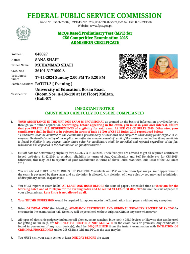 Online - Fpsc.gov - PK FPSC Css Prelim Exam 2025 BK Reports Css MPT Ac ...