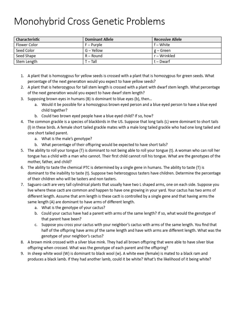 Genetics Problems for Students | PDF | Dominance (Genetics) | Zygosity