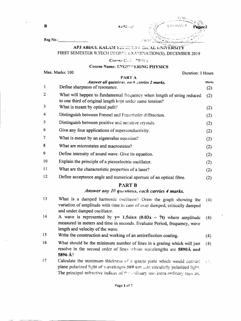 ph100 B.tech s1 Engineering Physics Dec 2019 | PDF