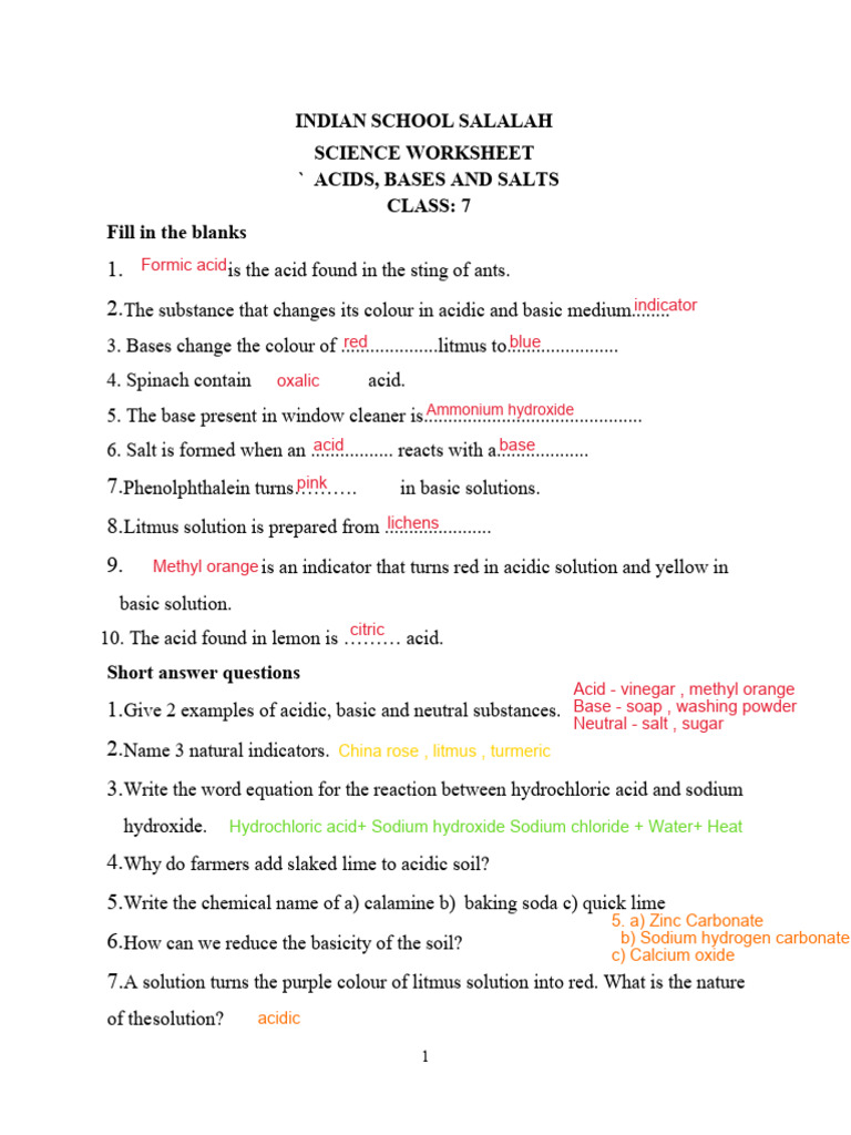 Science Worksheet-2 | PDF | Acid | Sodium Bicarbonate