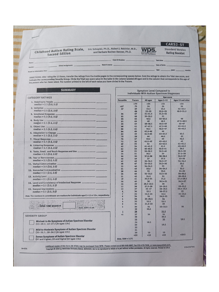 Childhood Autism Rating Scale (CARS 2 - ST) | PDF
