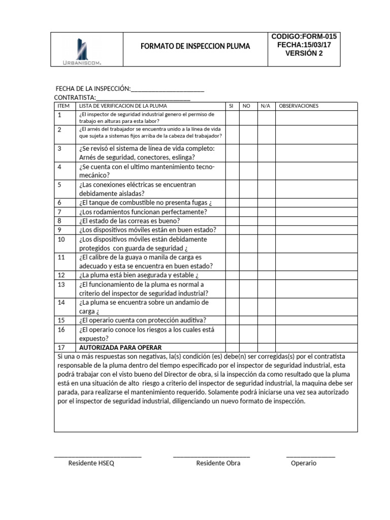 Copia de FORM-015 INSPECCION PLUMA | PDF