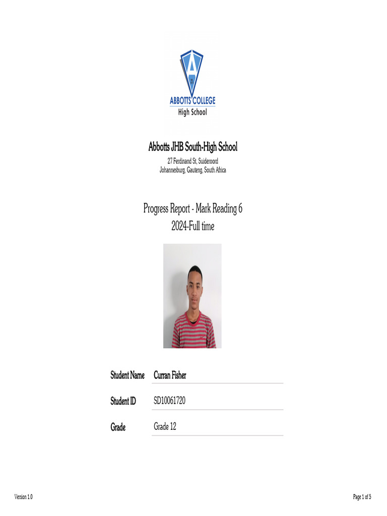 Abbotts JHB South-High School: Progress Report - Mark Reading 6 2024-Full Time | PDF ...