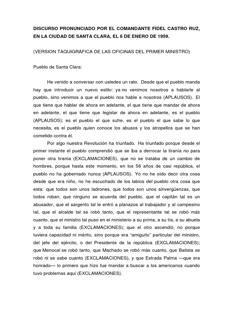 Discurso Pronunciado Por El Comandante Fidel Castro Ruz, en La Ciudad ...