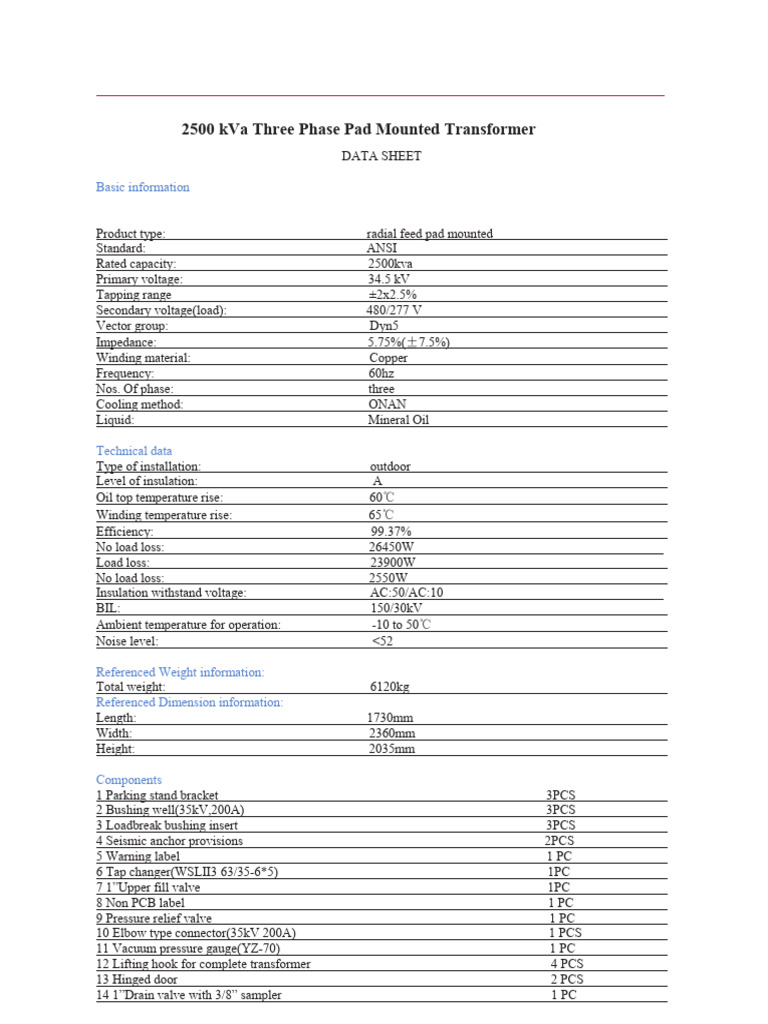 2500 kVa Three Phase Transformer Data | PDF | Transformer | Electronic ...