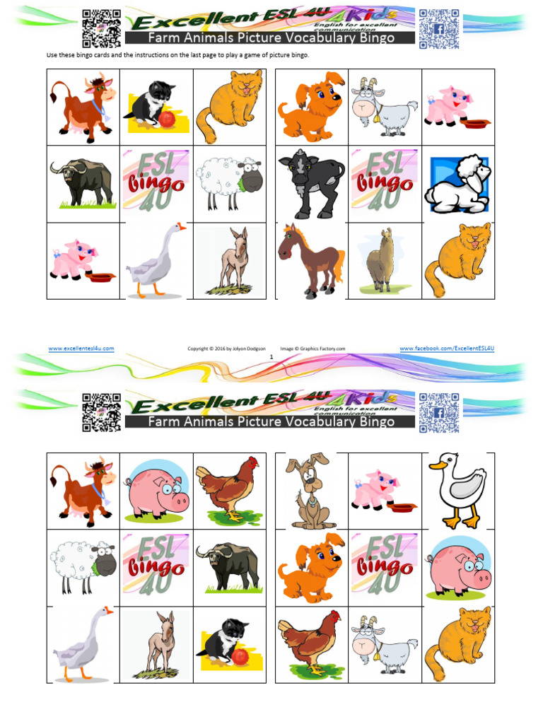 Farm Animals Picture Vocabulary Bingo | PDF | Gambling Games | Games Of ...