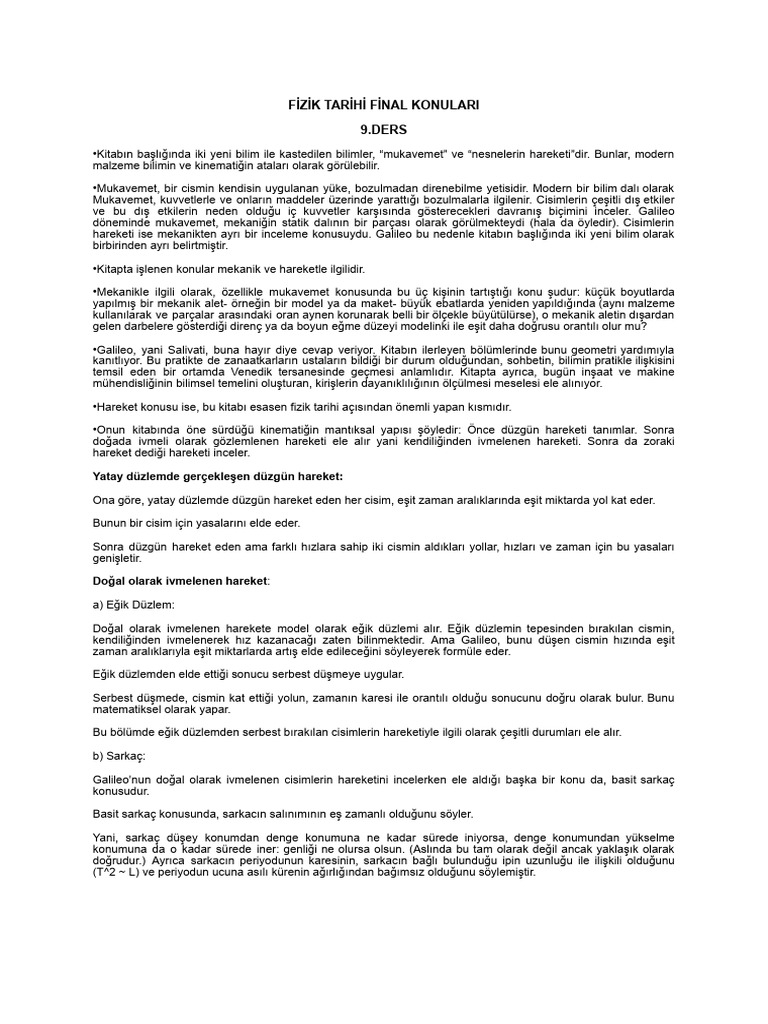 Fi̇zi̇k Tari̇hi̇ Fi̇nal Konulari 9. Ders | PDF