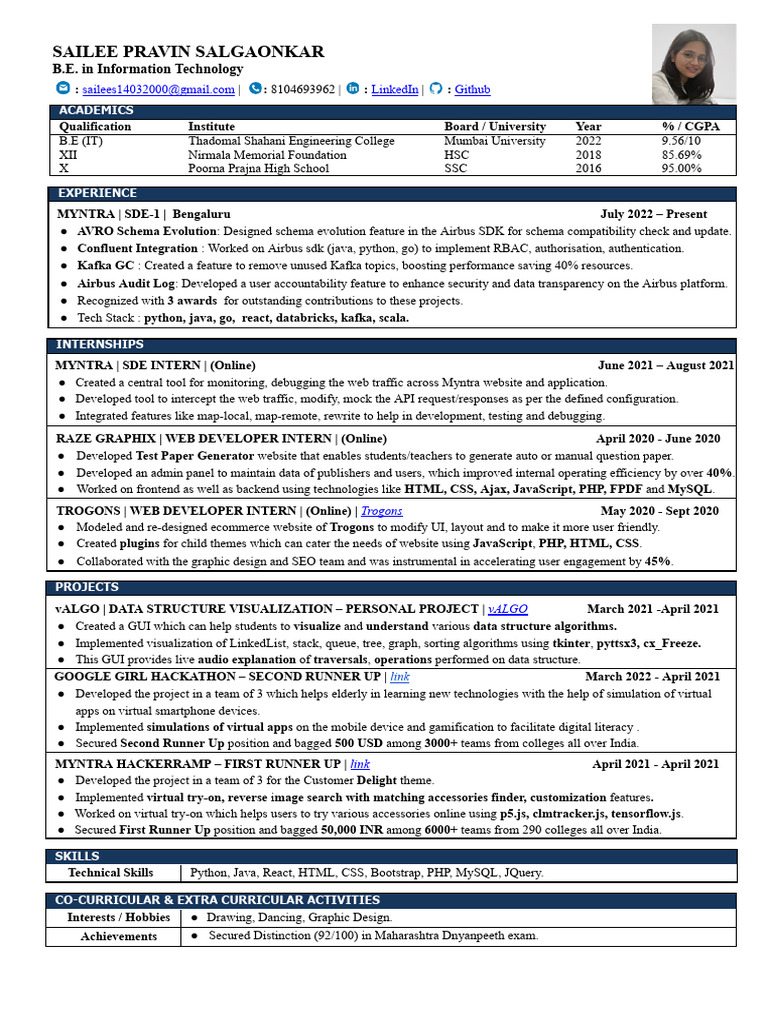 Sailee Salgaonkar: IT Engineer & SDE-1 at Myntra | PDF | Graphical User Interfaces | Mobile App