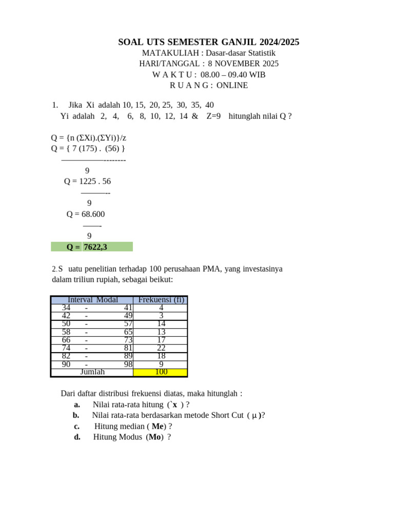 Soal UTS Dasar Statistik | PDF