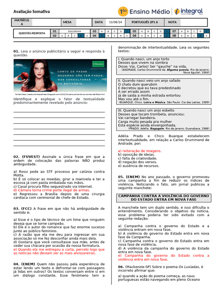 2P1 - 1em - Modelo - Prova A - 2024 - Gab | PDF