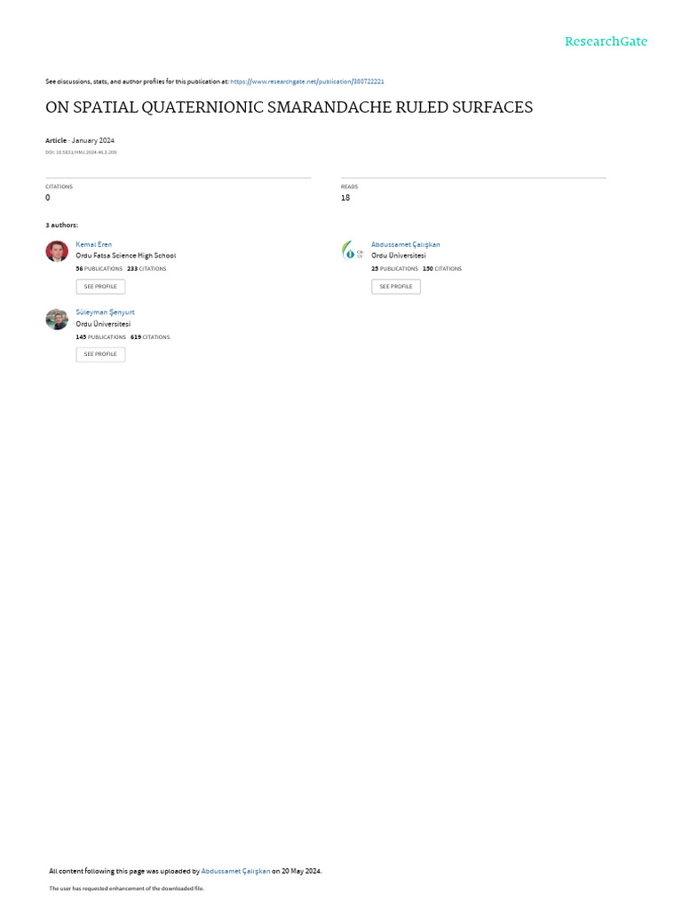 On Spatial Quaternionic Smarandache Ruled Surfaces | PDF | Mathematics | Mathematical Physics