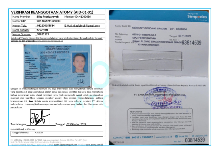 Formulir Verifikasi Keanggotaan Atomy Indonesia (Aid-01-01) | PDF | Bisnis