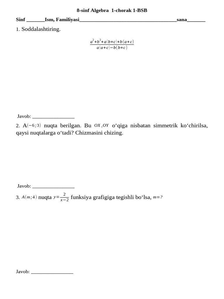 8-Sinf Algebra Ixtisoslik 1-BSB | PDF