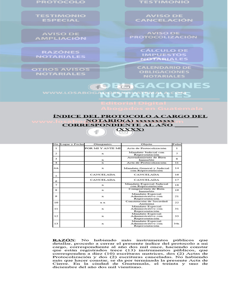 Índice de Protocolo Notarial 2021 | PDF