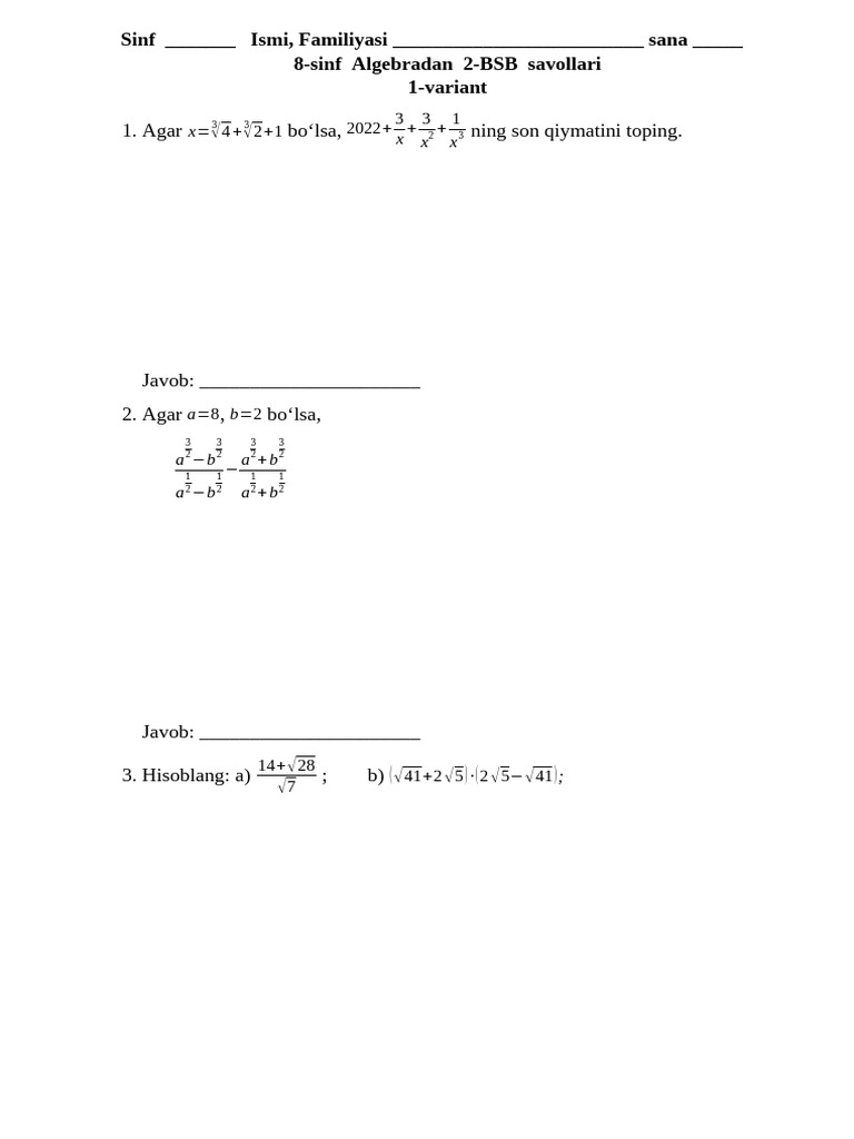 8-Sinf Algebra 2-BSB 1-Variant | PDF
