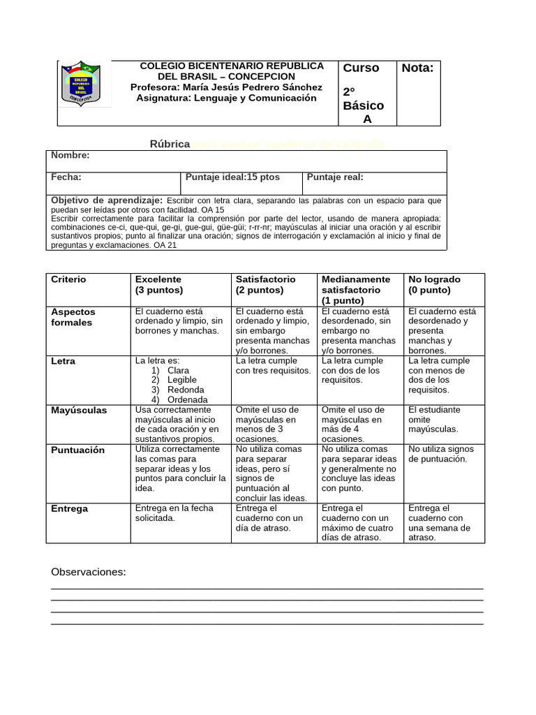 Rubrica para Evaluar Cuaderno de Caligrafia | PDF | Puntuación | Caso ...