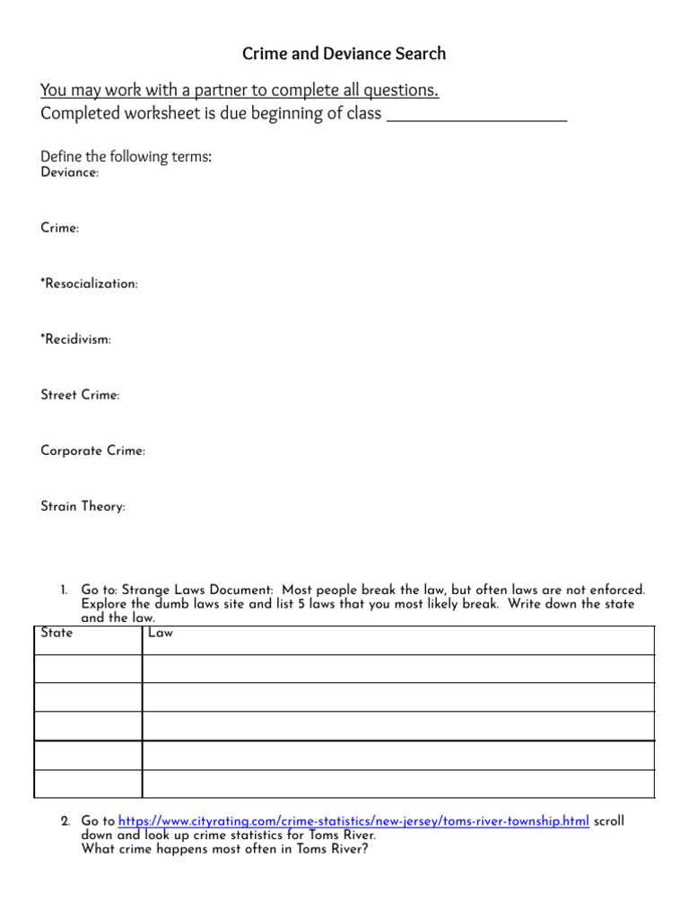 Crime and Deviance Worksheet Guide | PDF | Crimes | Crime & Violence