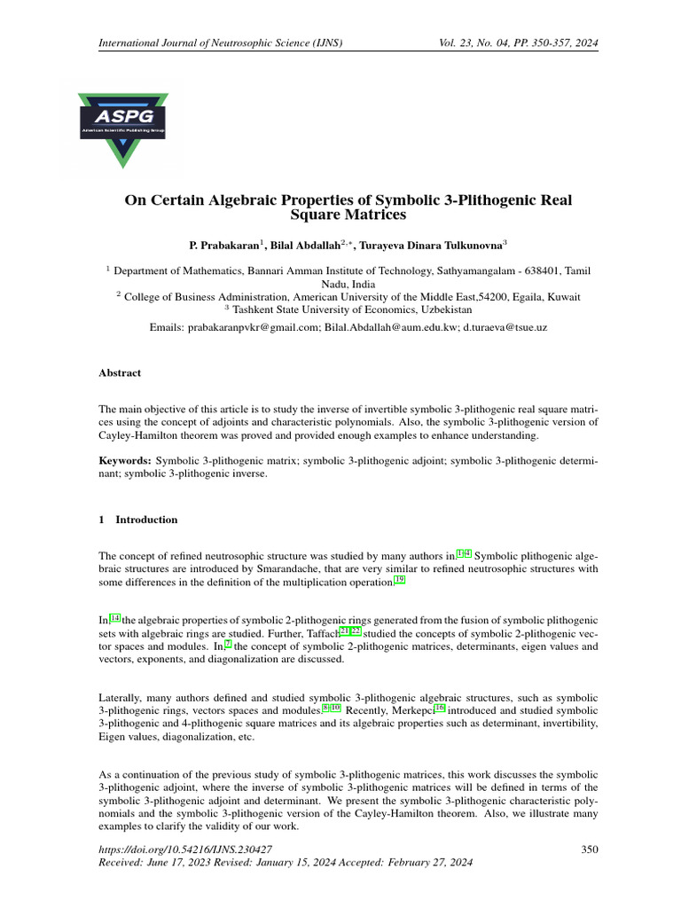 On Certain Algebraic Properties of Symbolic 3-Plithogenic Real Square Matrices | PDF | Matrix ...